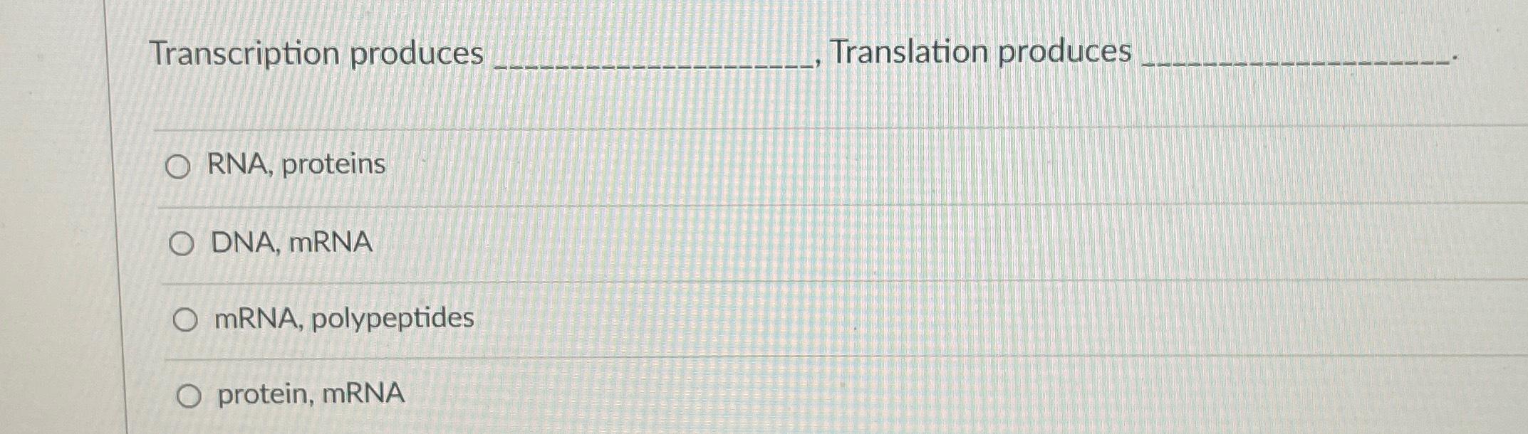 Solved Transcription produces ,Translation producesRNA, | Chegg.com