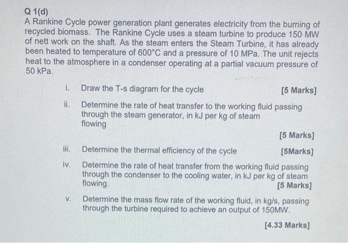Solved Q1(d) A Rankine Cycle power generation plant | Chegg.com