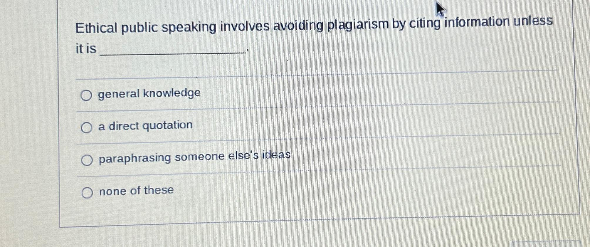 Solved Ethical public speaking involves avoiding plagiarism | Chegg.com