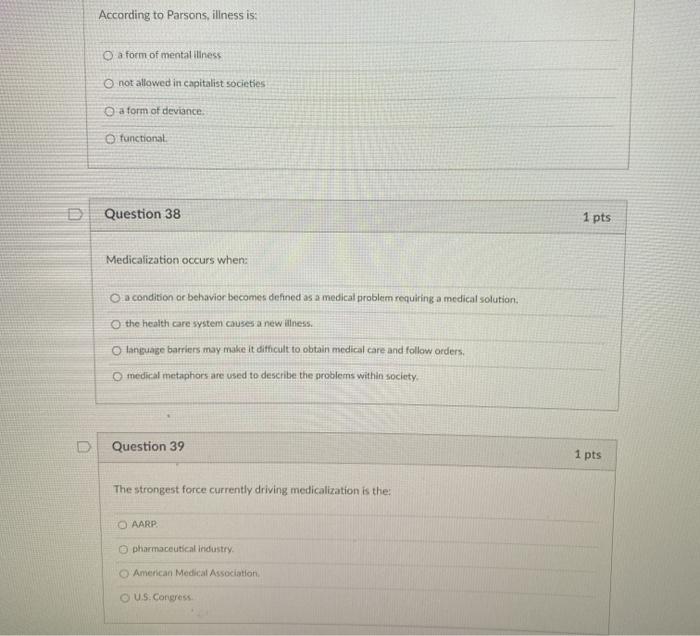 Solved According to Parsons, illness is: O a form of mental | Chegg.com