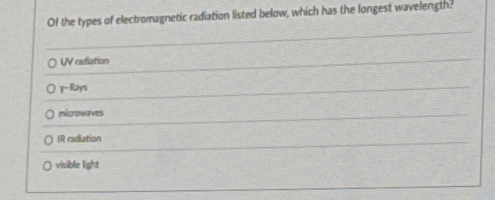 Solved Ol the types of electromagnetic radiation listed | Chegg.com