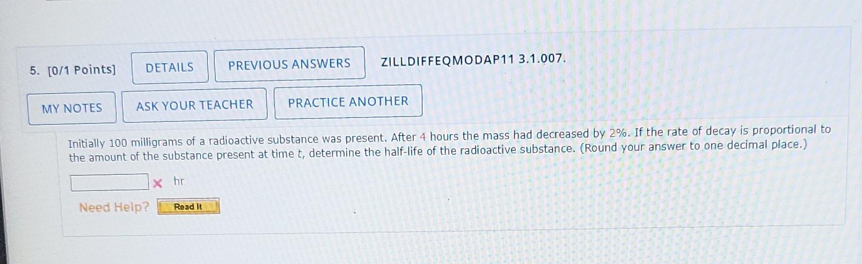 Solved PREVIOUS ANSWERS ZILLDIFFEQMODAP11 3.1.007. DETAILS | Chegg.com