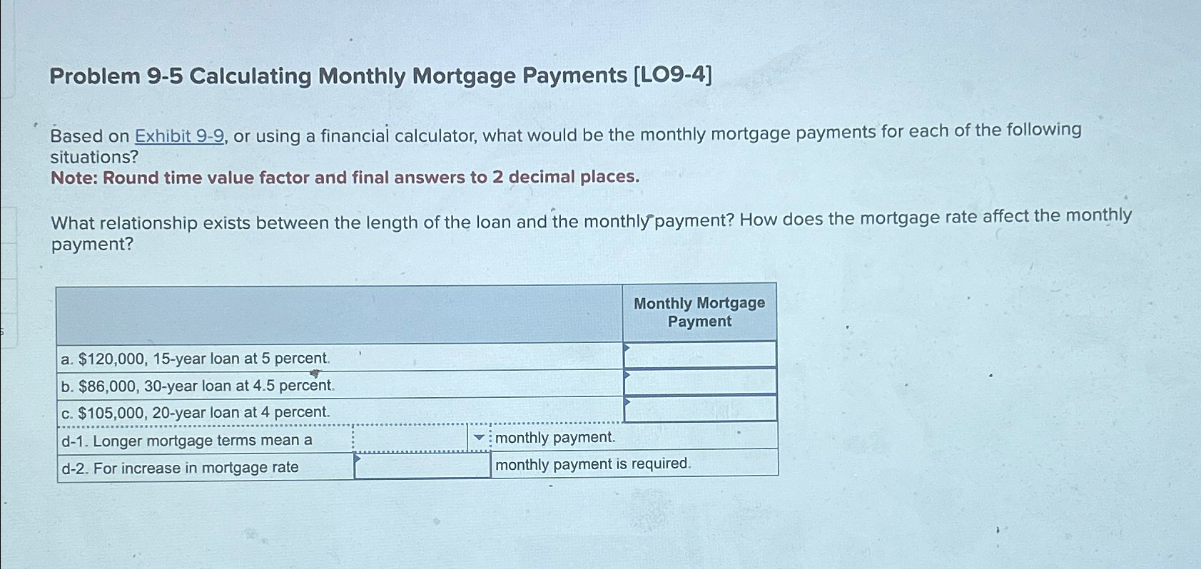 Problem 9-5 ﻿Calculating Monthly Mortgage Payments | Chegg.com