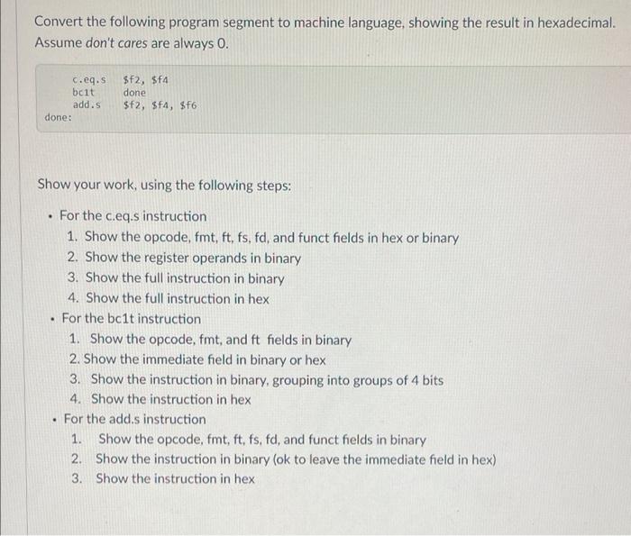 Convert the following program segment to machine | Chegg.com