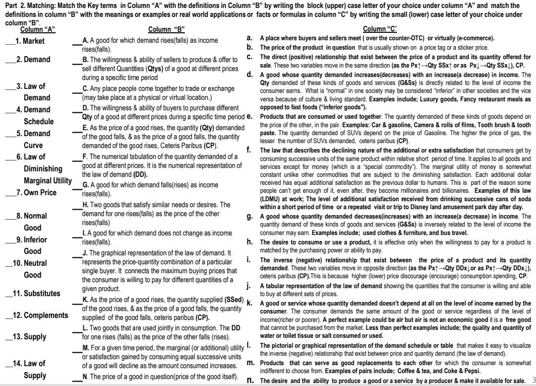 Solved Part 2. Matching: Match the Key terms in Column “A” | Chegg.com