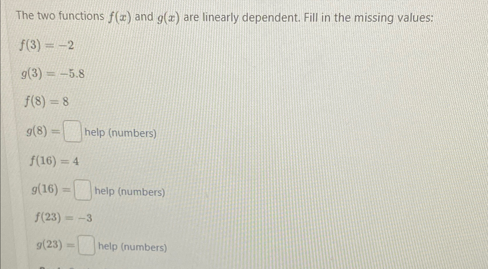 Solved The two functions f(x) ﻿and g(x) ﻿are linearly | Chegg.com