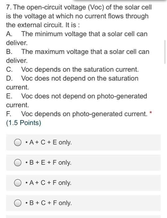 Solved 7. The open-circuit voltage (Voc) of the solar cell | Chegg.com
