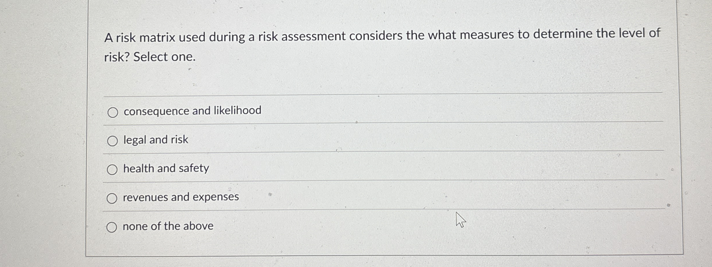 Solved A risk matrix used during a risk assessment considers | Chegg.com