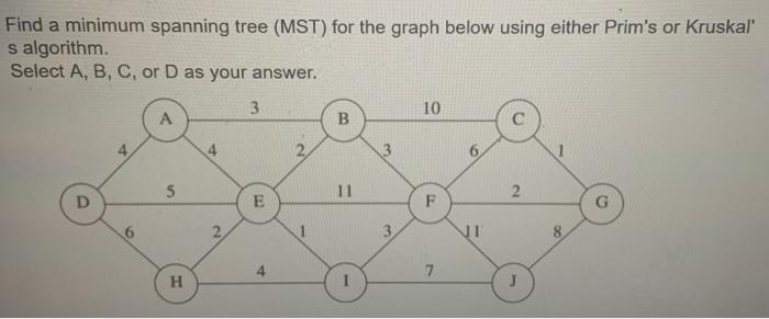 Solved Find a minimum spanning tree (MST) for the graph | Chegg.com