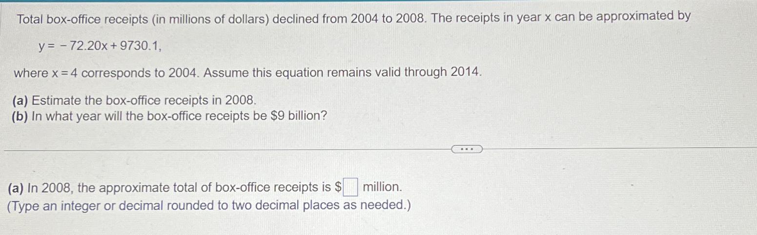 Solved Total box-office receipts (in millions of dollars) | Chegg.com