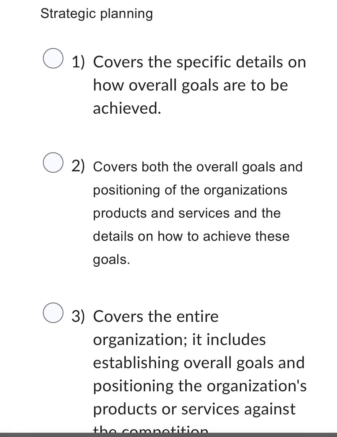 Solved Strategic planningCovers the specific details on how | Chegg.com