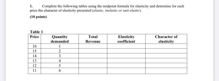 Solved 1. Complete the following tables using the midpoint | Chegg.com