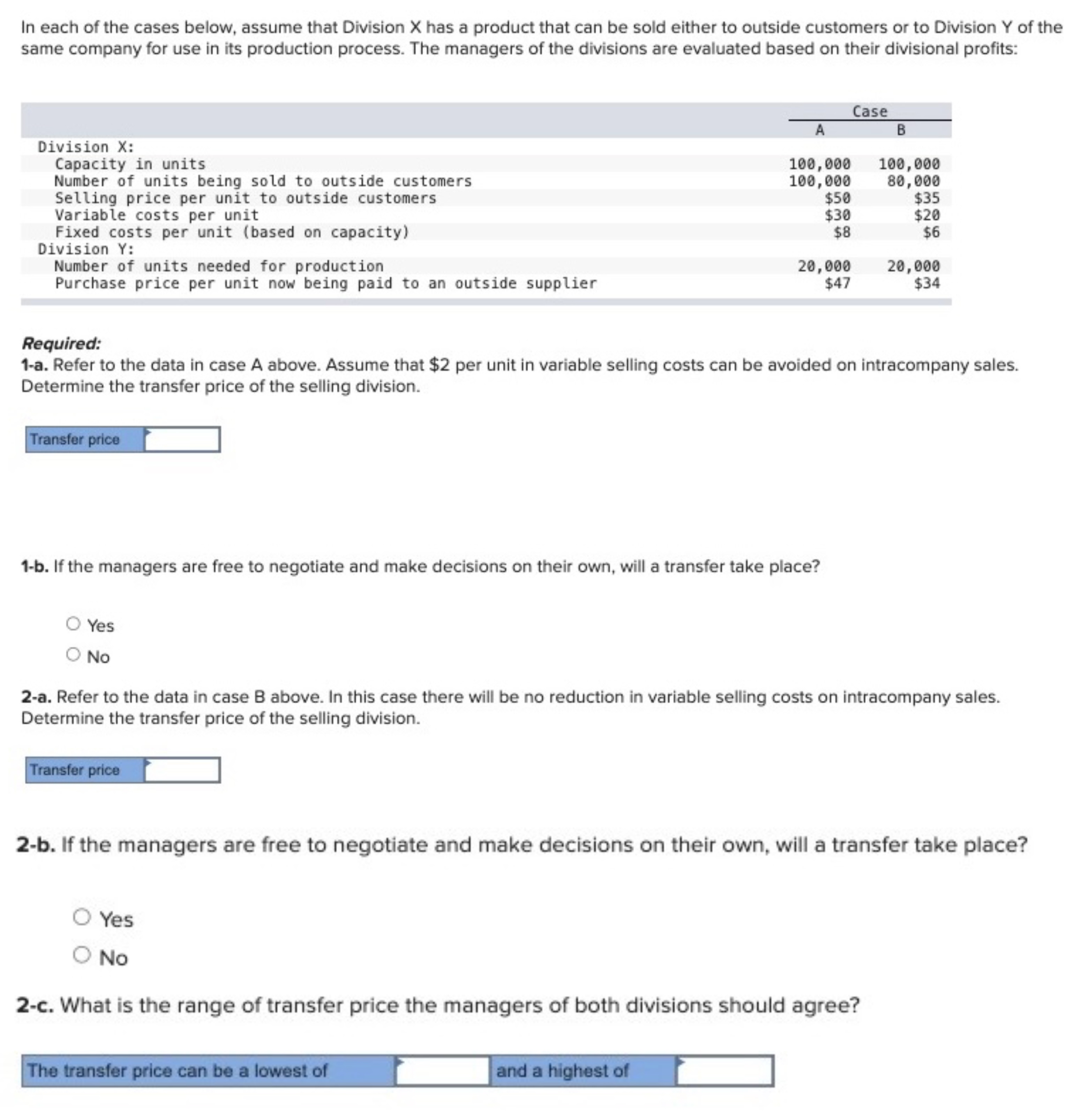 Solved In each of the cases below, assume that Division x | Chegg.com