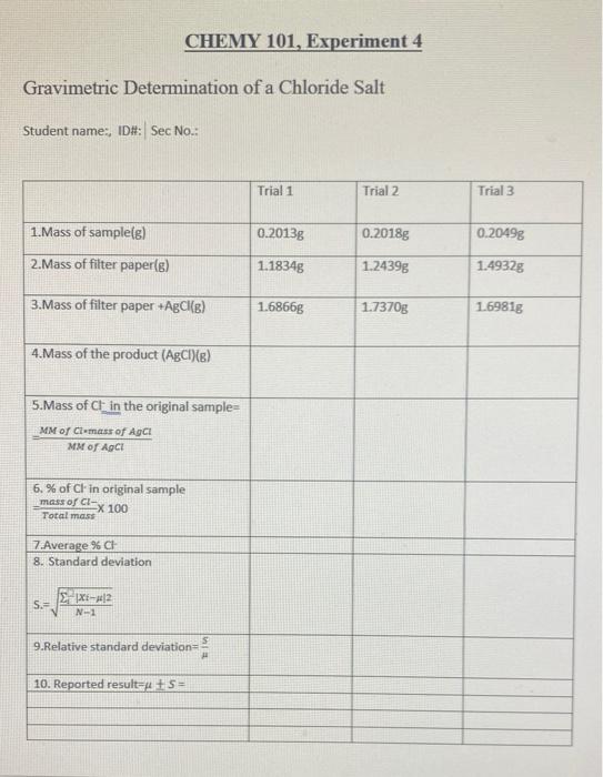 Solved CHEMY 101, Experiment 4 Gravimetric Determination of | Chegg.com