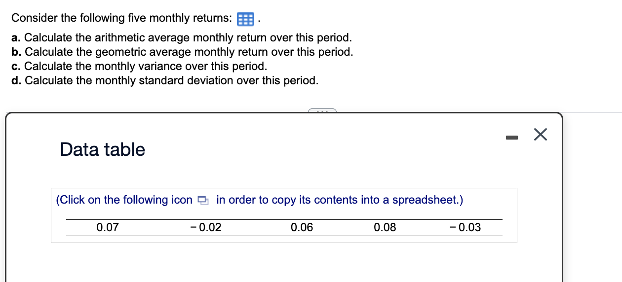 Solved Consider the following five monthly returns:a. | Chegg.com