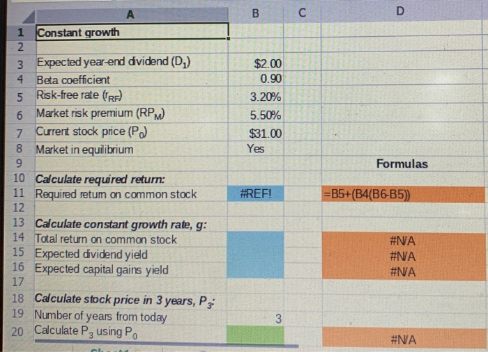Solved If anyone could help fill in the formulas on the | Chegg.com