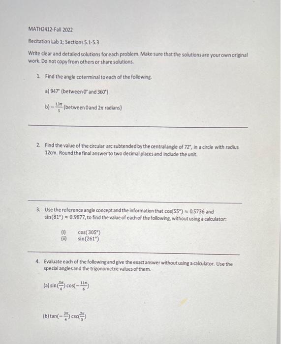 Solved MATH2412·Fall 2022 Recitation Lab 1; Sections 5.1-5.3 | Chegg.com