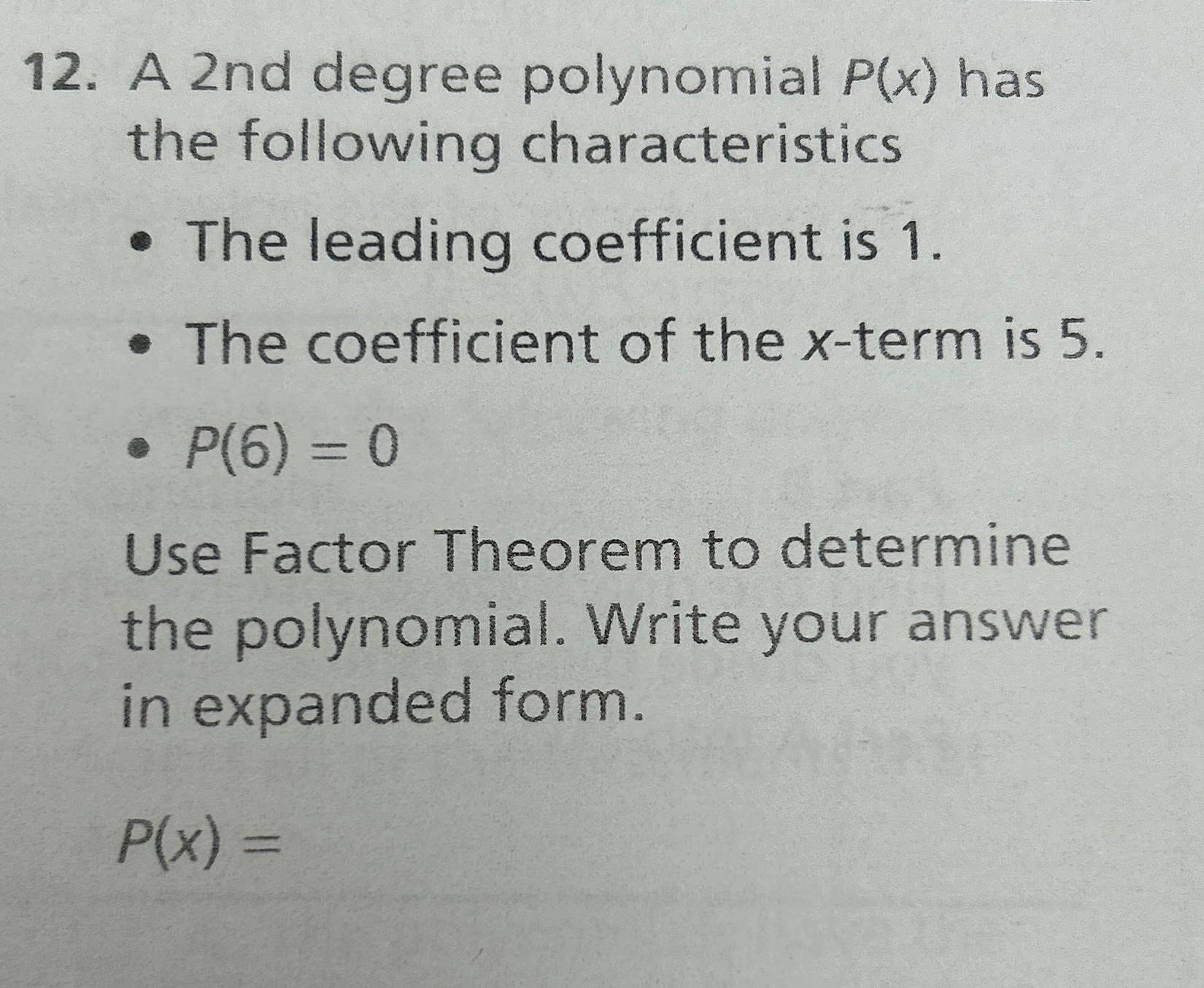 Solved A 2nd degree polynomial P(x) ﻿has the following | Chegg.com