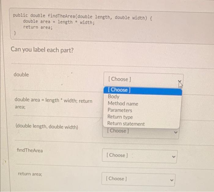 Solved public double findTheArea (double length, double | Chegg.com