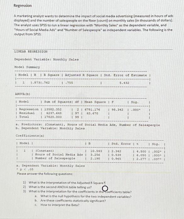 Solved Regression A marketing analyst wants to determine the | Chegg.com