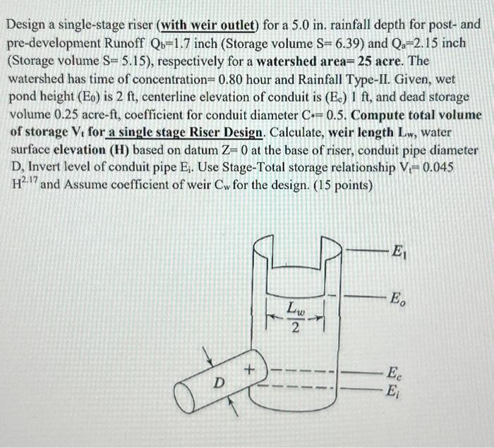 Design a single-stage riser (with weir outlet) for a | Chegg.com
