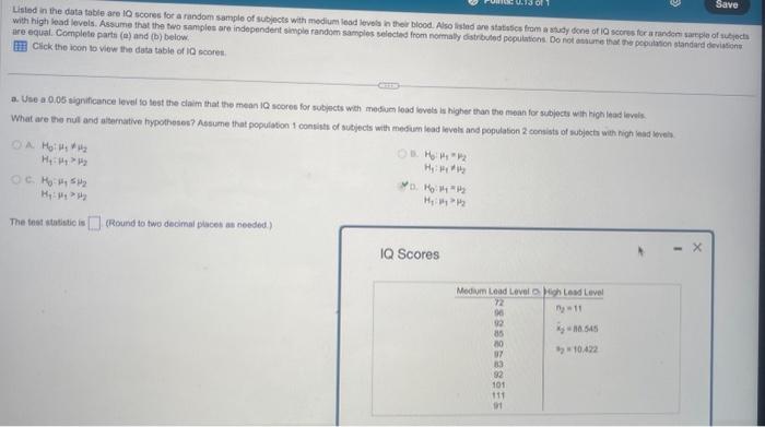 Solved Cick the ioon lo view the data table of le scores a. | Chegg.com