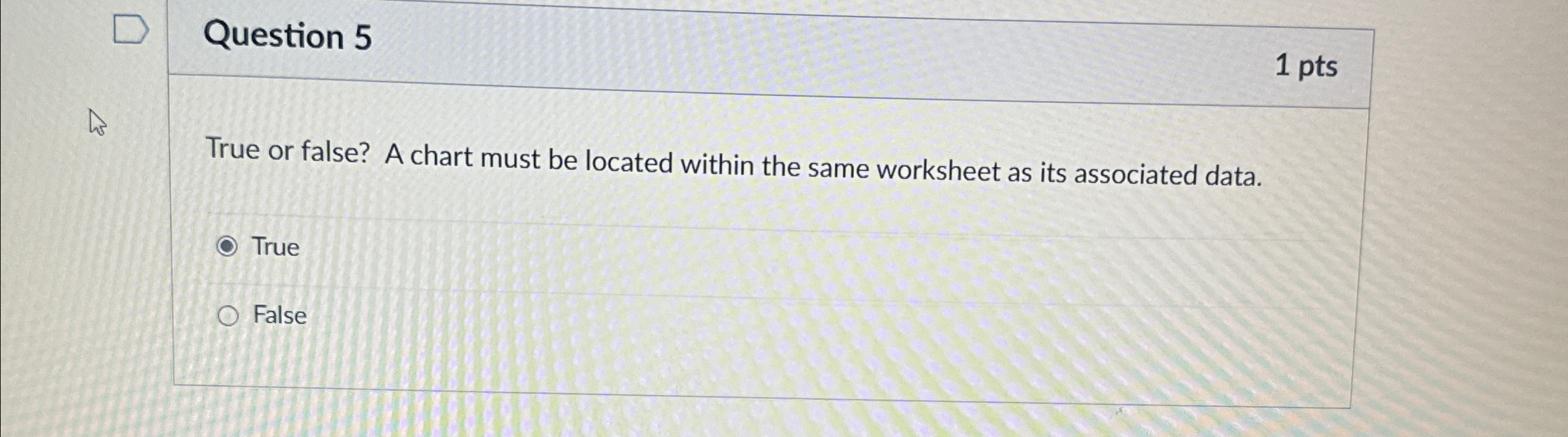 Solved Question 51ptsTrue or false? A chart must be located | Chegg.com