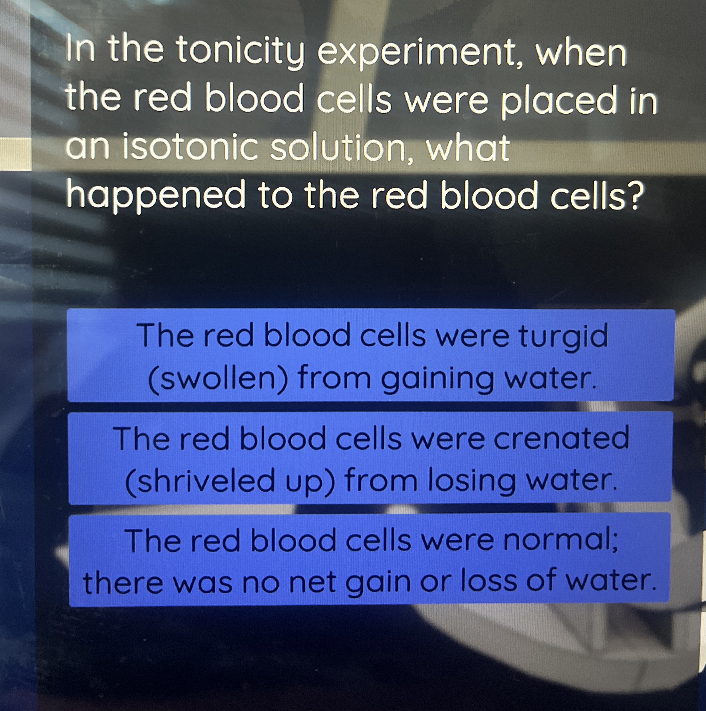 Solved In the tonicity experiment, when the red blood cells | Chegg.com