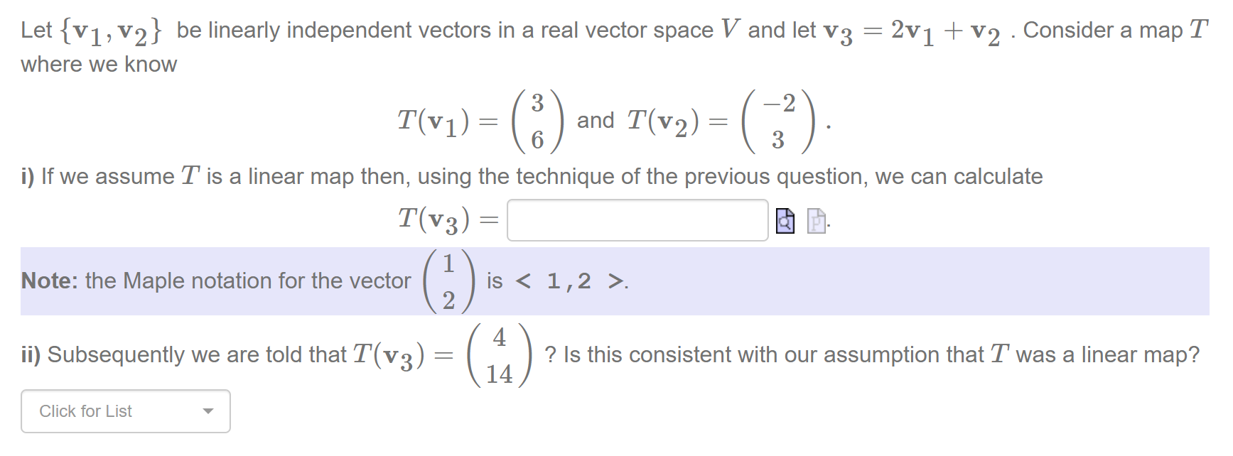 Solved Note: the Maple notation for the vector (12) ﻿is | Chegg.com