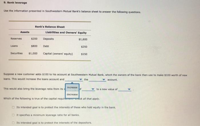 Solved 9. Bank leverage Use the information presented in | Chegg.com