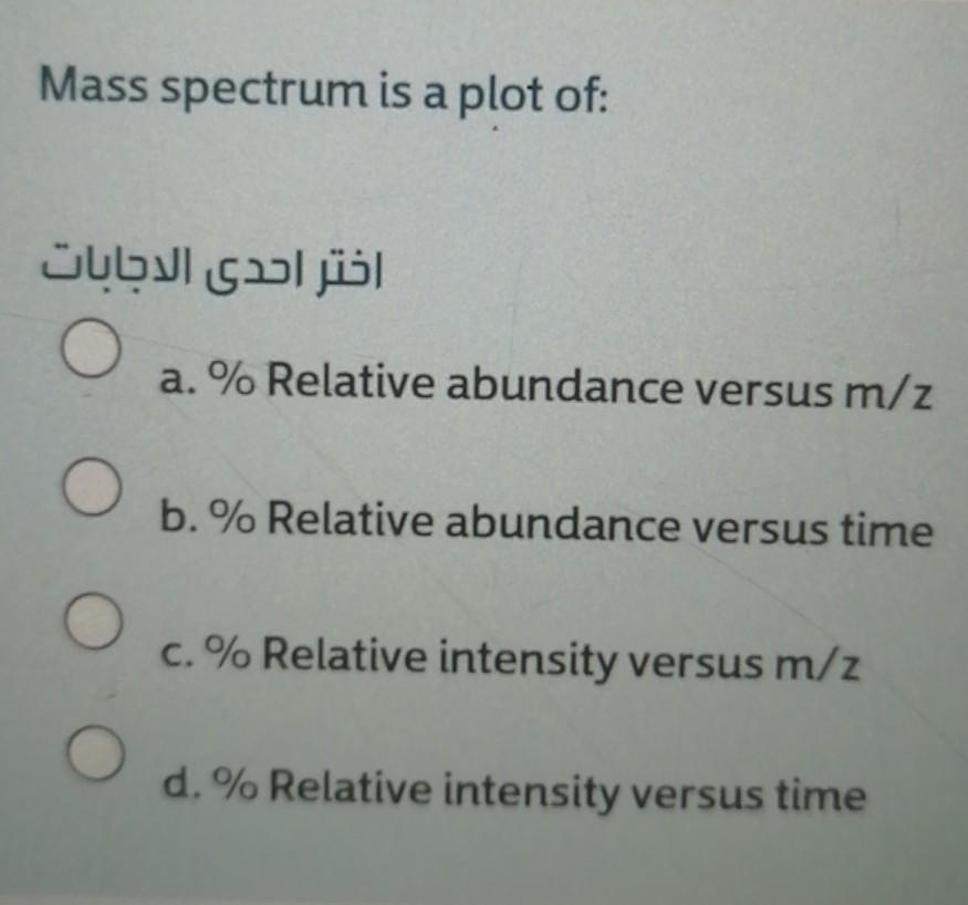 Solved Mass spectrum is a plot of: اختر احدي الاجابات O a. % | Chegg.com