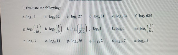 Solved 1. Evaluate the following: a. log, 4 b. log, 32 c. | Chegg.com