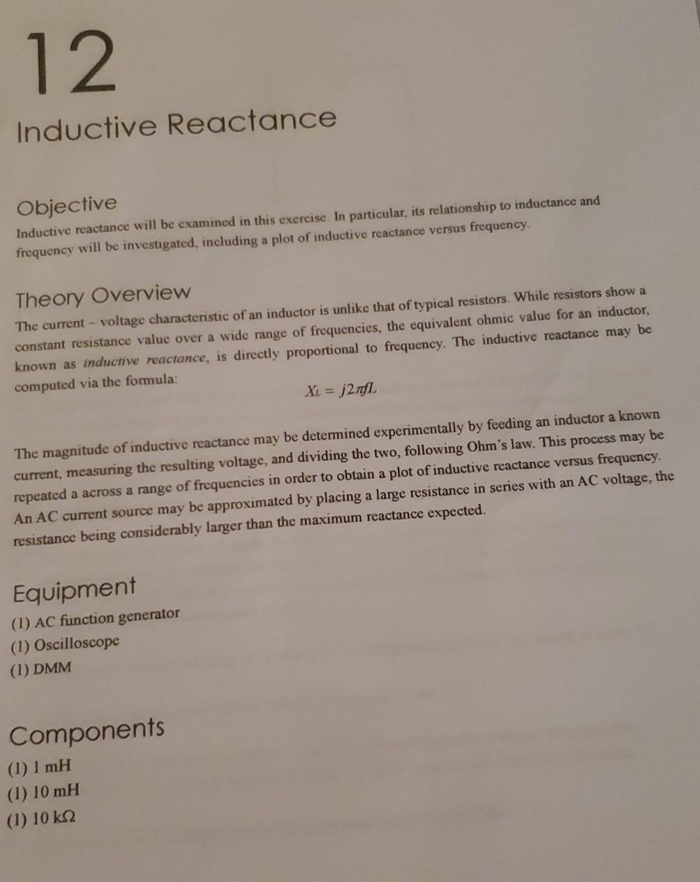 Solved 12 Inductive Reactance Objective Inductive reactance | Chegg.com