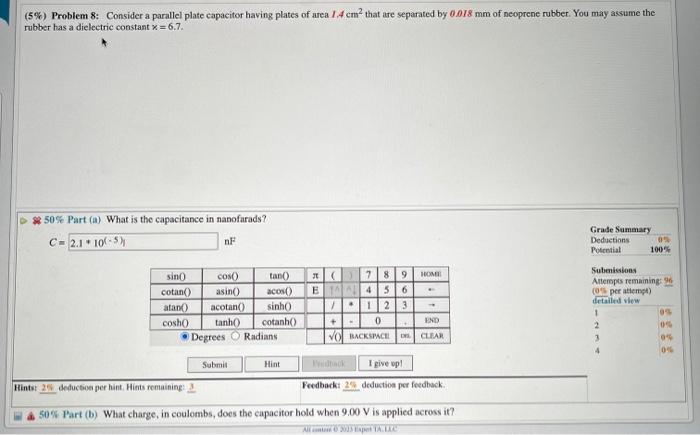 Solved (5\%) Problem 8: Consider a parallel plate capacitor | Chegg.com Solved (5\%) Problem 8: Consider a parallel plate capacitor | Chegg.com