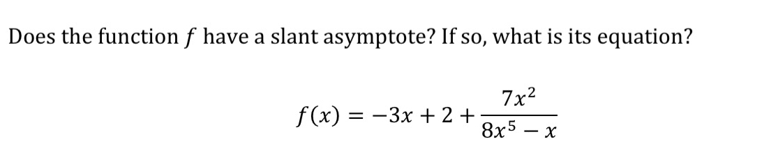 Solved Does the function f ﻿have a slant asymptote? If so, | Chegg.com
