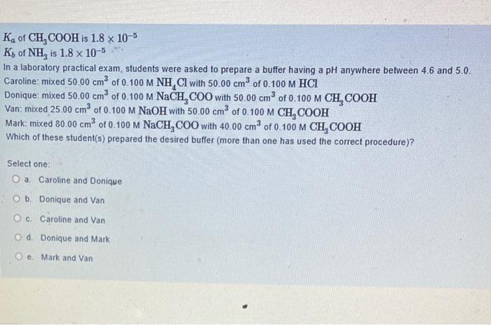 Solved Ka of CH3COOH is 1.8×10−5 Kb of NH3 is 1.8×10−5 In a | Chegg.com
