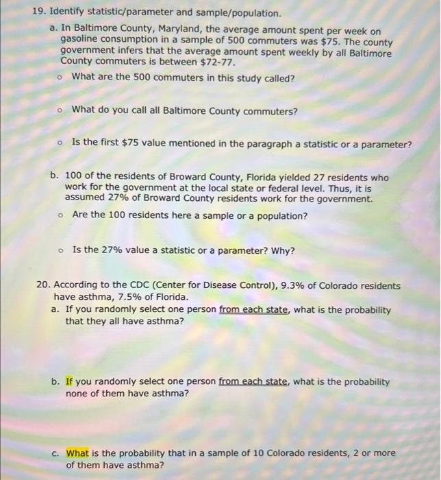 Solved 19. Identify statistic/parameter and | Chegg.com