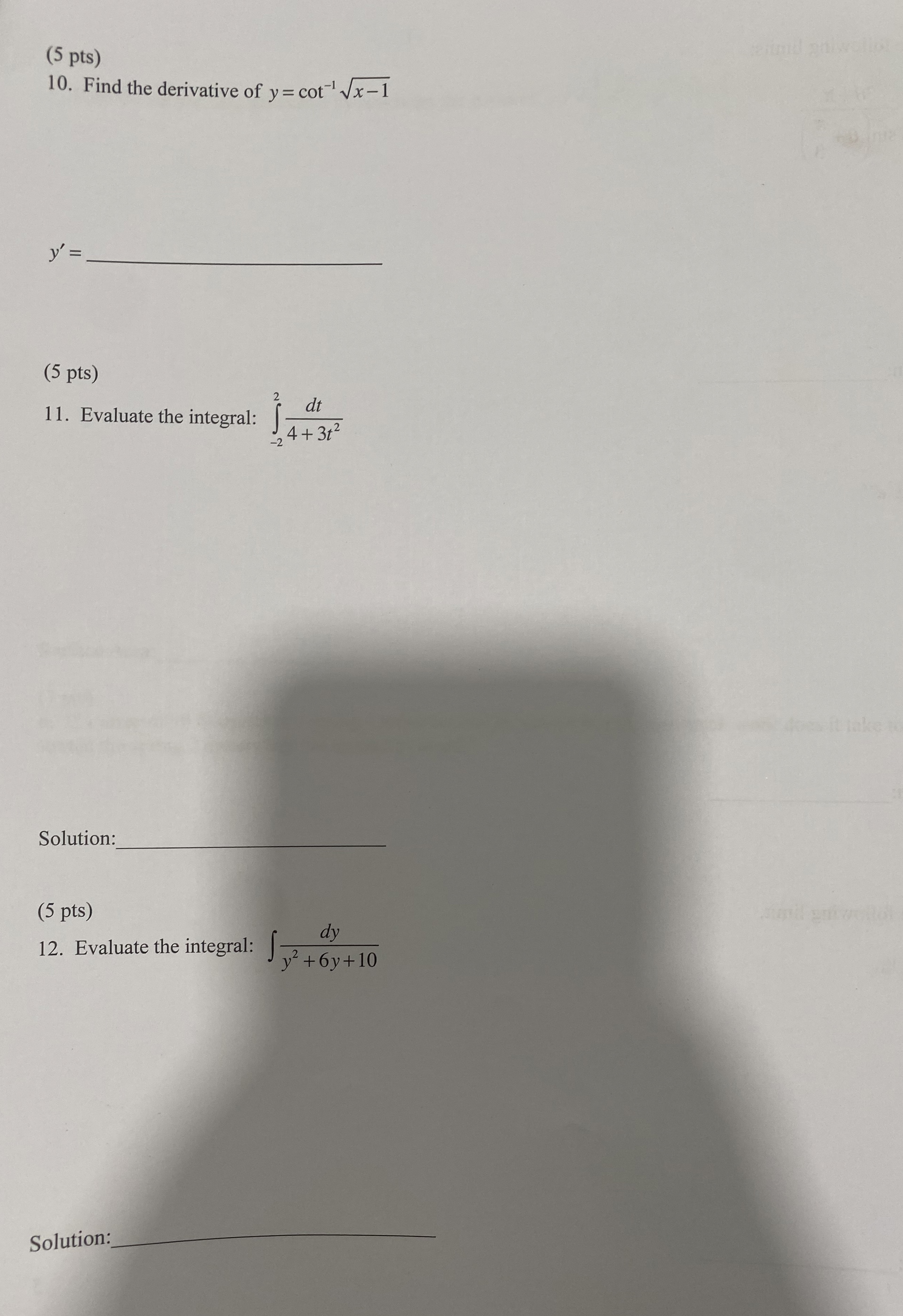 Solved (5 ﻿pts)10. ﻿Find the derivative of y=cot-1x-12y'=(5 | Chegg.com