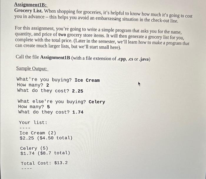Solved Assignment1B: Grocery List. When shopping for | Chegg.com