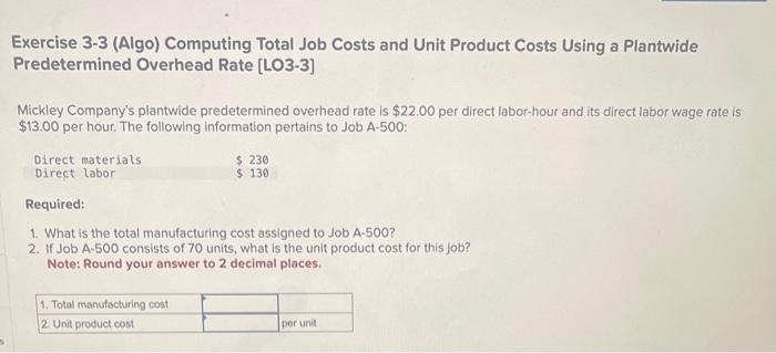 Solved Exercise 3-3 (Algo) Computing Total Job Costs and | Chegg.com