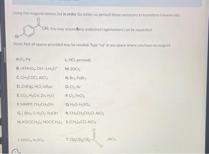 Solved Using the reagents below, list in order (by letter, | Chegg.com