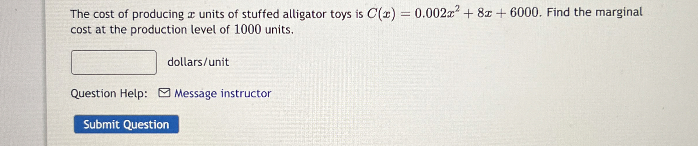 Solved The cost of producing x ﻿units of stuffed alligator | Chegg.com