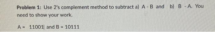 Solved Problem 1: Use 2's complement method to subtract a) A | Chegg.com