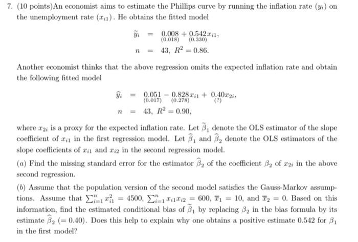 Solved (10 points)An economist aims to estimate the Phillips | Chegg.com