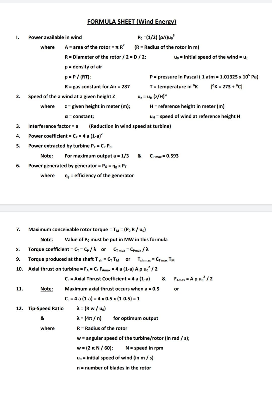 Solved FORMULA SHEET (Wind Energy) I. 2. Power available in | Chegg.com