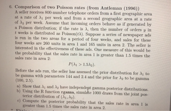 Solved 6. Comparison of two Poisson rates (from Antleman | Chegg.com