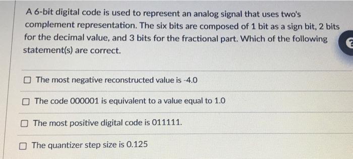 Solved A 6-bit digital code is used to represent an analog | Chegg.com
