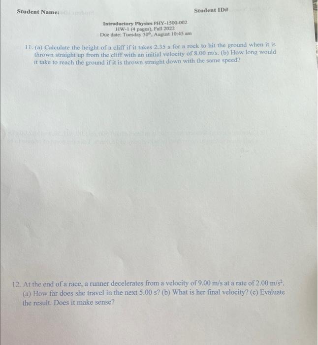 Solved Student Name: Student ID H Introdectory Physies | Chegg.com