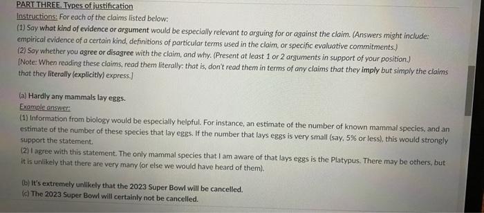 PART THREE. Types of justification Instructions; For | Chegg.com