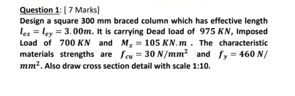 Solved Question 1: [ 7 ﻿Marks]Design a square 300mm ﻿braced | Chegg.com